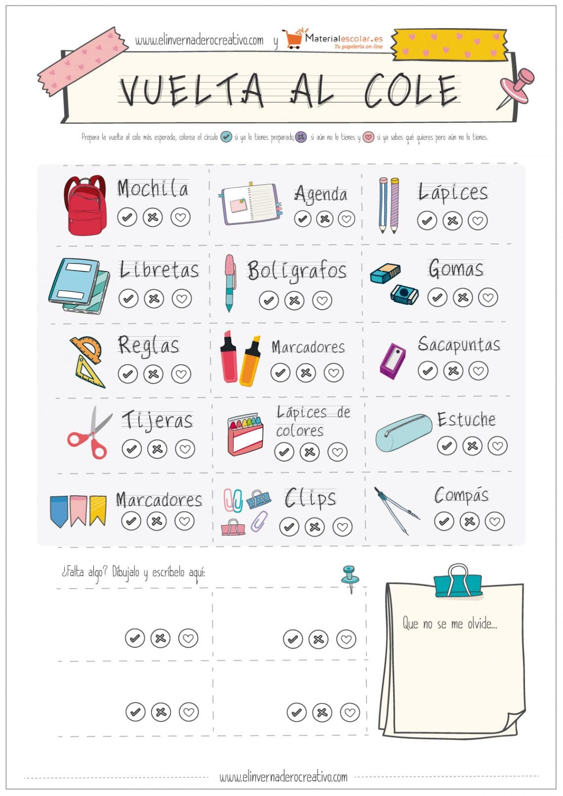 Check list imprimible de material de papelería (vuelta al cole) - El ...
